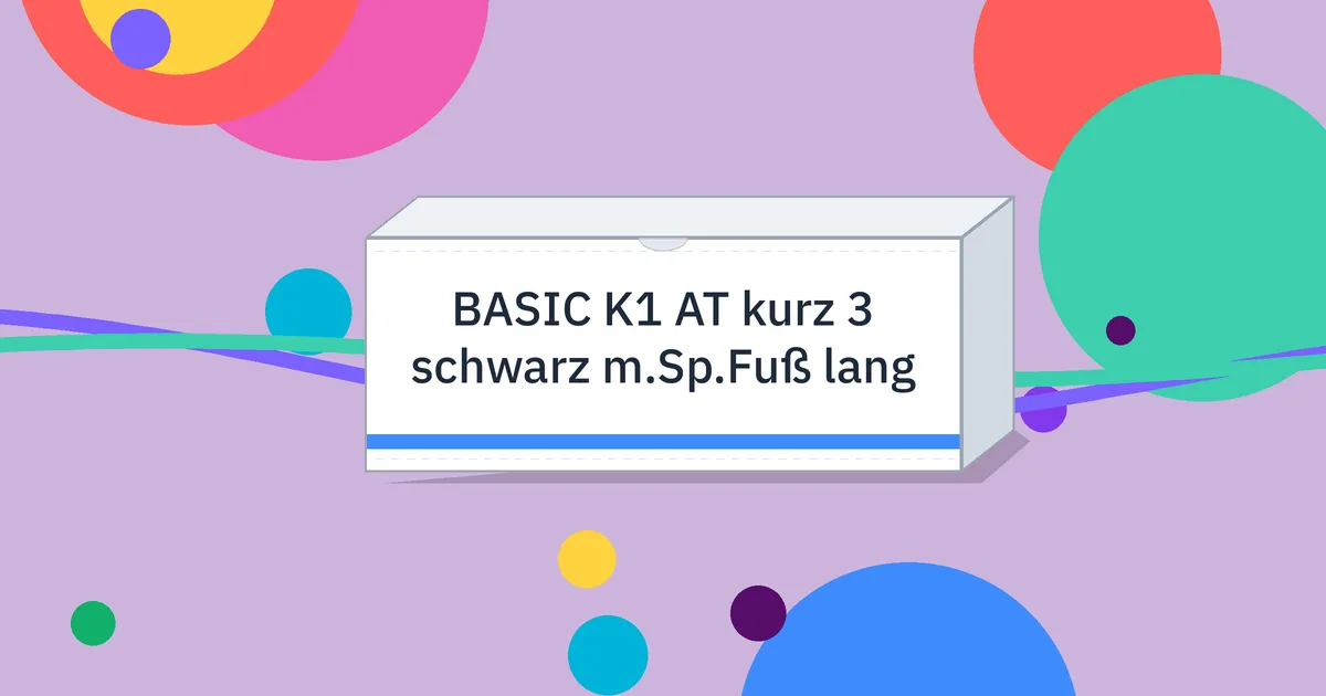 Symbolbild: Packung mit der Aufschrift BASIC K1 AT kurz 3 schwarz m.Sp.Fuß lang (PZN 20262558) – Verfügbarkeit und Bezug in Apotheken in Frankfurt am Main
