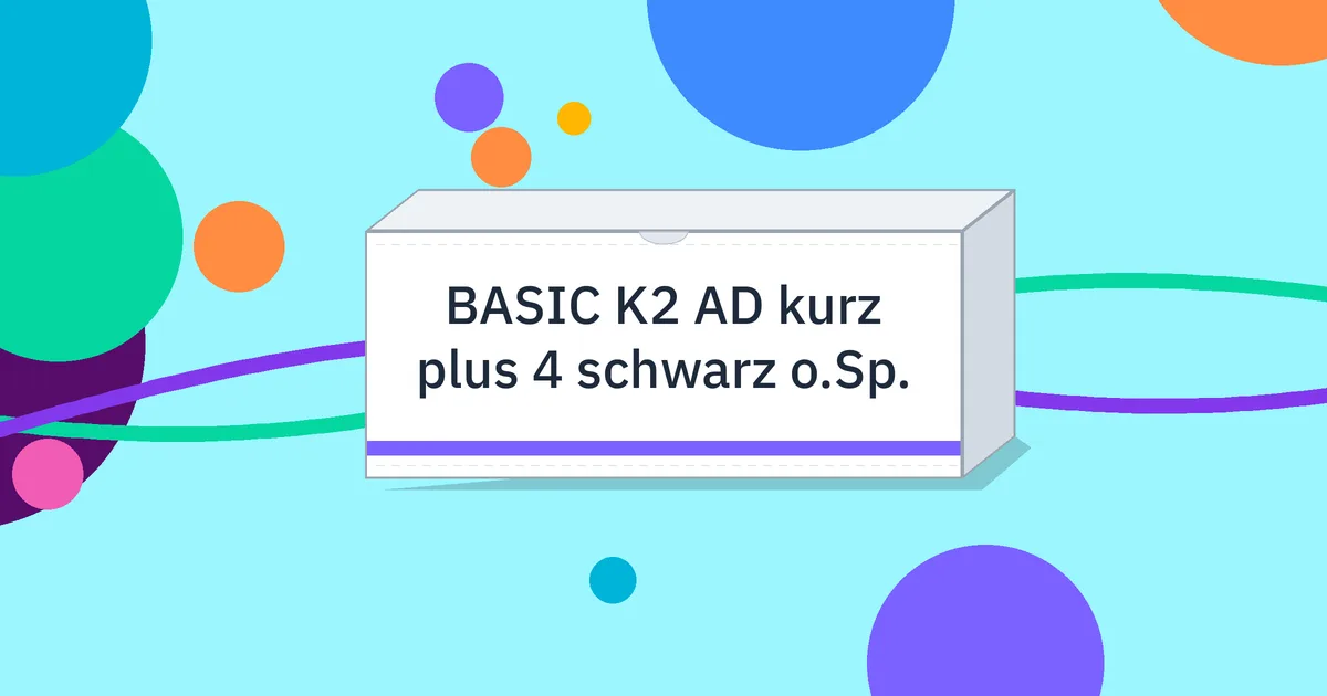 Symbolbild: Packung mit der Aufschrift BASIC K2 AD kurz plus 4 schwarz o.Sp. (PZN 20264801) – Verfügbarkeit und Bezug in Apotheken in Frankfurt am Main