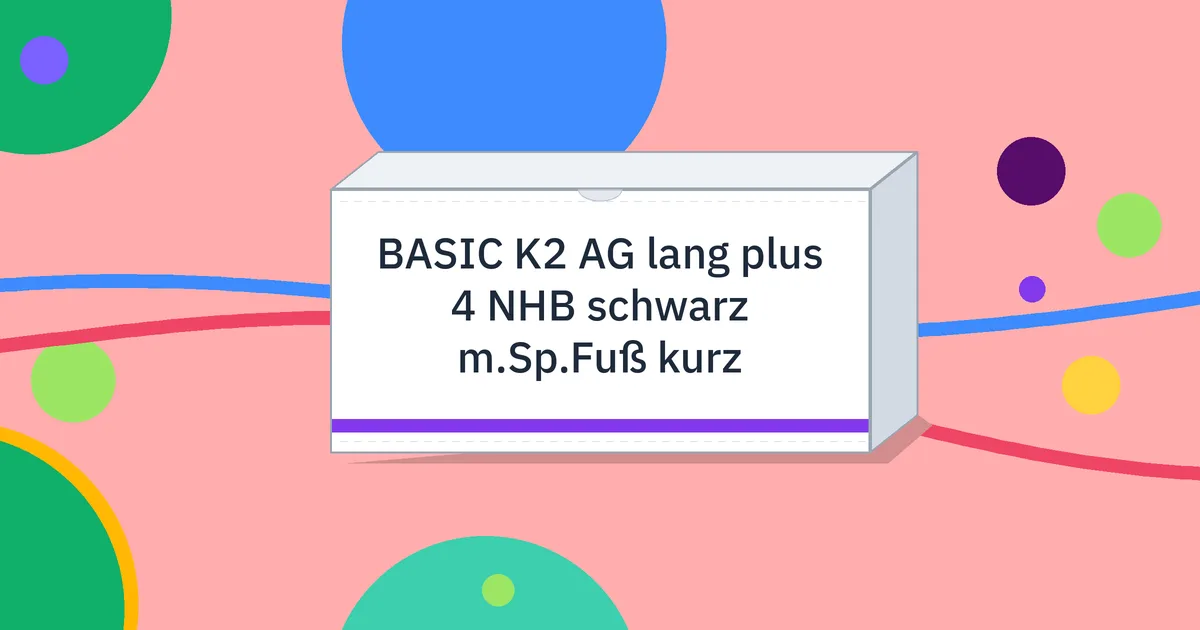 Symbolbild: Packung mit der Aufschrift BASIC K2 AG lang plus 4 NHB schwarz m.Sp.Fuß kurz (PZN 20267455) – Verfügbarkeit und Bezug in Apotheken in Frankfurt am Main