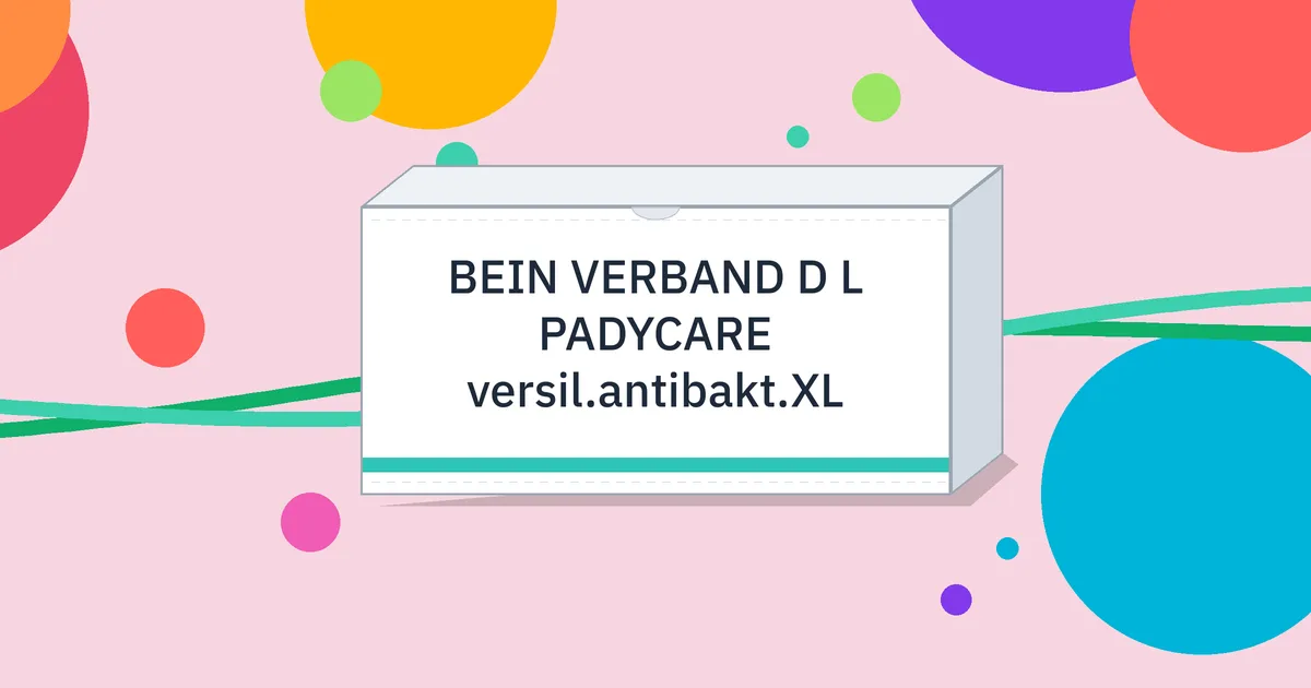 Symbolbild: Packung mit der Aufschrift BEIN VERBAND D L PADYCARE versil.antibakt.XL (PZN 10938983) – Verfügbarkeit und Bezug in Apotheken in Frankfurt am Main