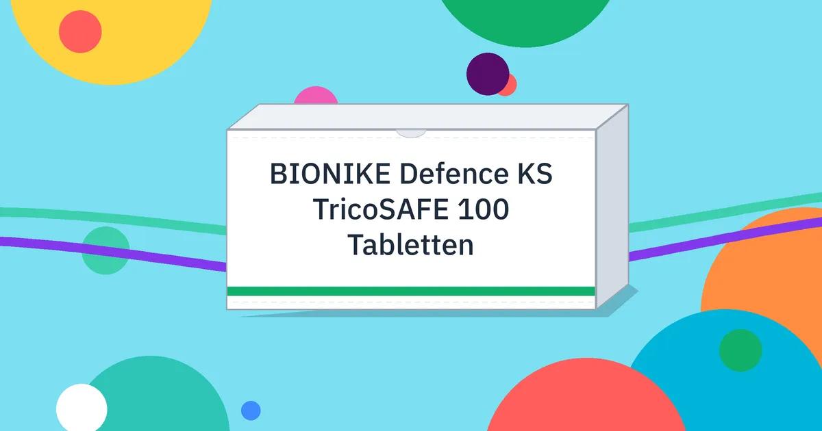 Symbolbild: Packung mit der Aufschrift BIONIKE Defence KS TricoSAFE 100 Tabletten (PZN 12548387) – Verfügbarkeit und Bezug in Apotheken in Frankfurt am Main