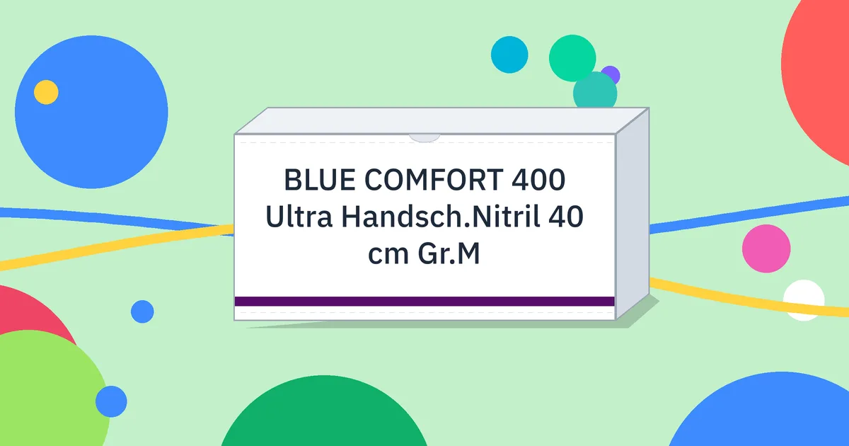 Symbolbild: Packung mit der Aufschrift BLUE COMFORT 400 Ultra Handsch.Nitril 40 cm Gr.M (PZN 10127776) – Verfügbarkeit und Bezug in Apotheken in Frankfurt am Main