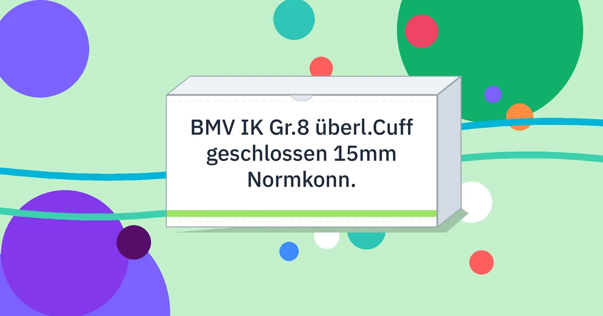Symbolbild: Packung mit der Aufschrift BMV IK Gr.8 überl.Cuff geschlossen 15mm Normkonn. (PZN 18381729) – Verfügbarkeit und Bezug in Apotheken in Frankfurt am Main