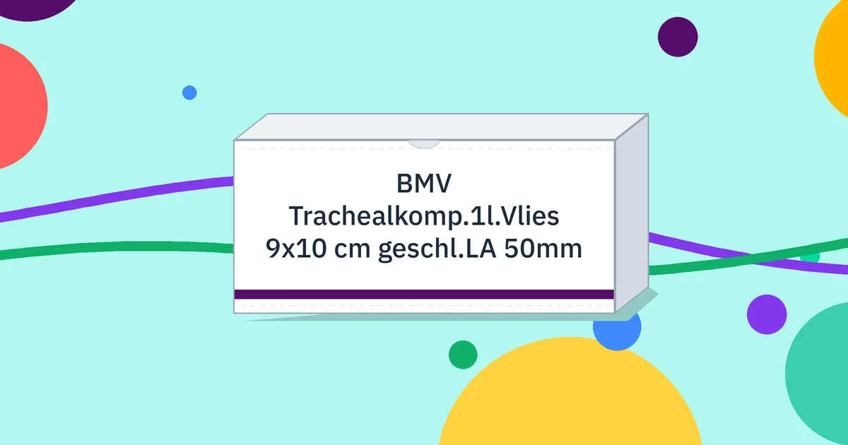 Symbolbild: Packung mit der Aufschrift BMV Trachealkomp.1l.Vlies 9x10 cm geschl.LA 50mm (PZN 11080249) – Verfügbarkeit und Bezug in Apotheken in Frankfurt am Main