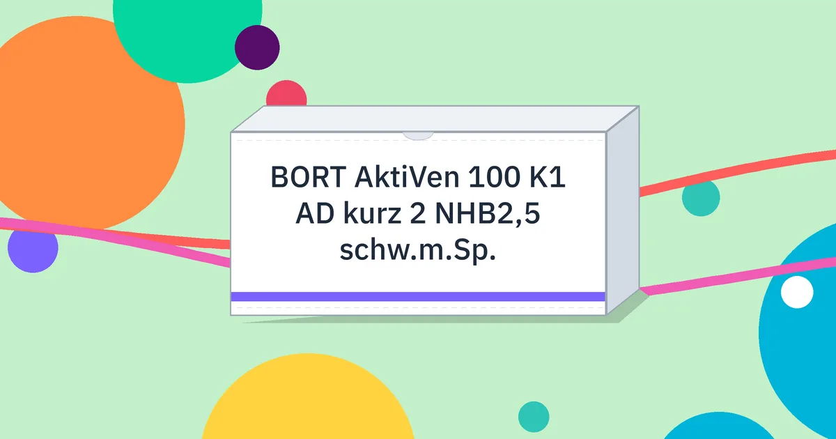 Symbolbild: Packung mit der Aufschrift BORT AktiVen 100 K1 AD kurz 2 NHB2,5 schw.m.Sp. (PZN 17502208) – Verfügbarkeit und Bezug in Apotheken in Frankfurt am Main