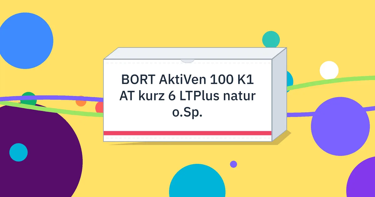 Symbolbild: Packung mit der Aufschrift BORT AktiVen 100 K1 AT kurz 6 LTPlus natur o.Sp. (PZN 18175473) – Verfügbarkeit und Bezug in Apotheken in Frankfurt am Main
