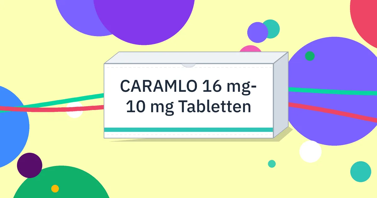 Symbolbild: Packung mit der Aufschrift CARAMLO 16 mg-10 mg Tabletten (PZN 18734381) – Verfügbarkeit und Bezug in Apotheken in Frankfurt am Main