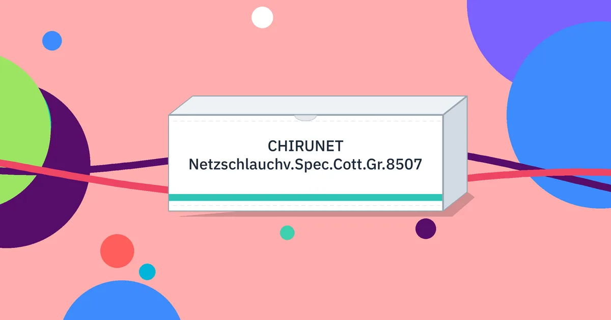 Symbolbild: Packung mit der Aufschrift CHIRUNET Netzschlauchv.Spec.Cott.Gr.8507 (PZN 00477937) – Verfügbarkeit und Bezug in Apotheken in Frankfurt am Main