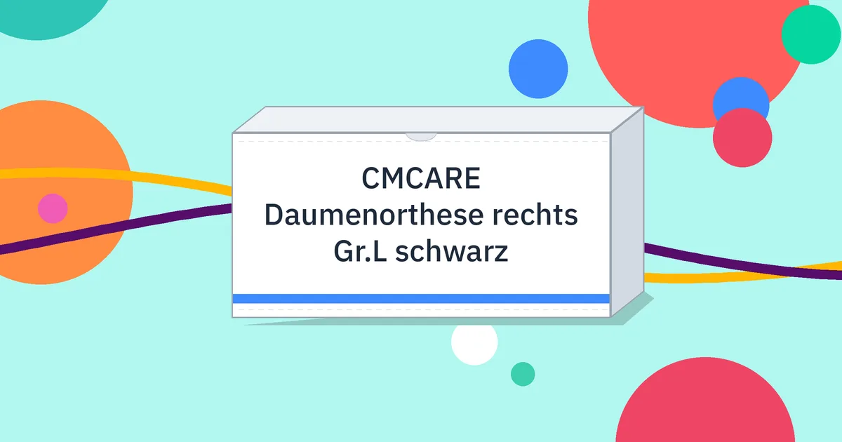 Symbolbild: Packung mit der Aufschrift CMCARE Daumenorthese rechts Gr.L schwarz (PZN 12467708) – Verfügbarkeit und Bezug in Apotheken in Frankfurt am Main