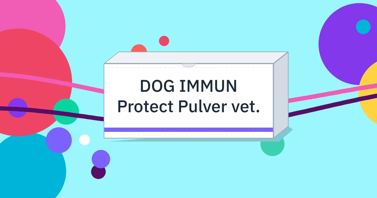 Symbolbild: Packung mit der Aufschrift DOG IMMUN Protect Pulver vet. (PZN 06086681) – Verfügbarkeit und Bezug in Apotheken in Frankfurt am Main