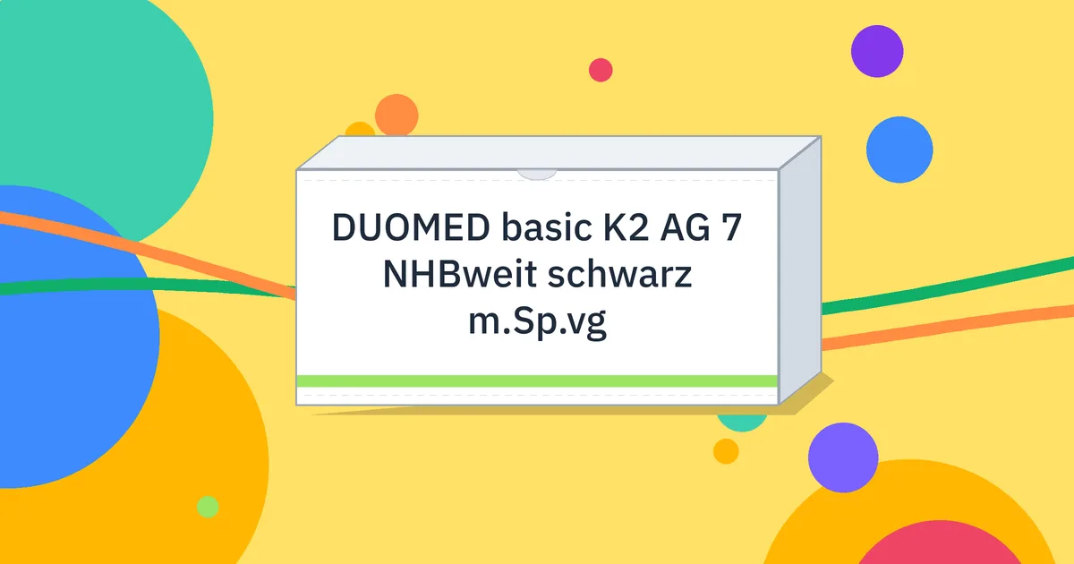 Symbolbild: Packung mit der Aufschrift DUOMED basic K2 AG 7 NHBweit schwarz m.Sp.vg (PZN 20909304) – Verfügbarkeit und Bezug in Apotheken in Frankfurt am Main
