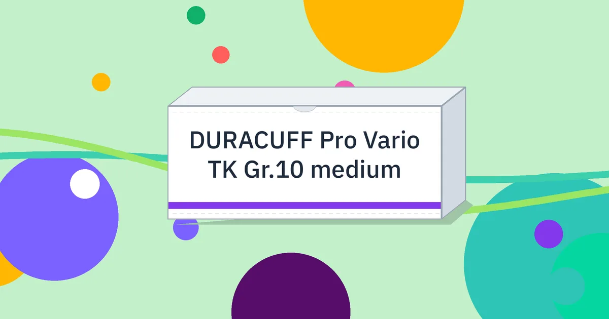 Symbolbild: Packung mit der Aufschrift DURACUFF Pro Vario TK Gr.10 medium (PZN 19244911) – Verfügbarkeit und Bezug in Apotheken in Frankfurt am Main