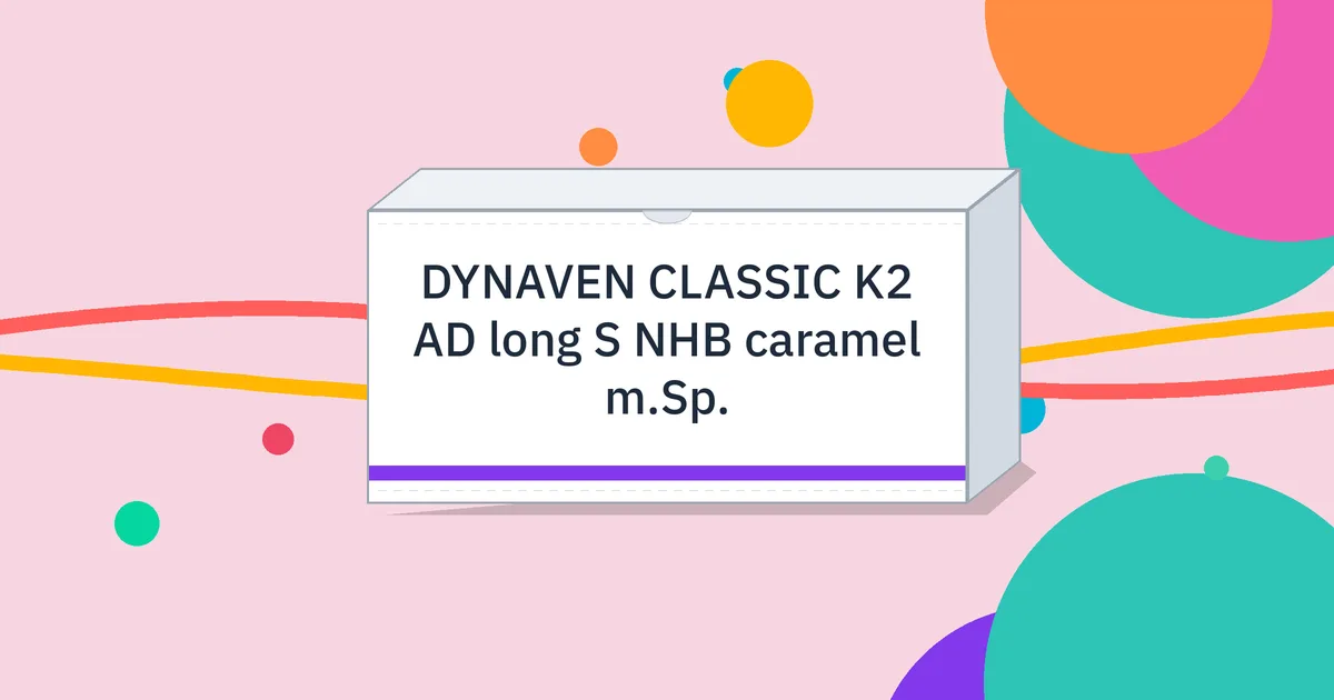 Symbolbild: Packung mit der Aufschrift DYNAVEN CLASSIC K2 AD long S NHB caramel m.Sp. (PZN 18418102) – Verfügbarkeit und Bezug in Apotheken in Frankfurt am Main