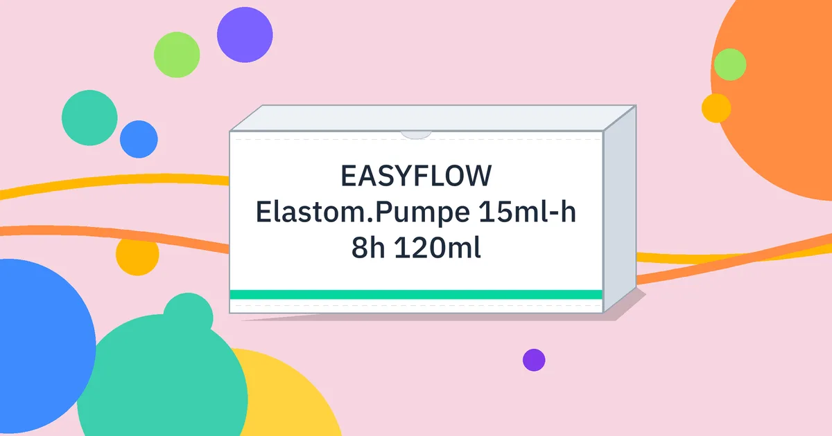 Symbolbild: Packung mit der Aufschrift EASYFLOW Elastom.Pumpe 15ml-h 8h 120ml (PZN 18095550) – Verfügbarkeit und Bezug in Apotheken in Frankfurt am Main