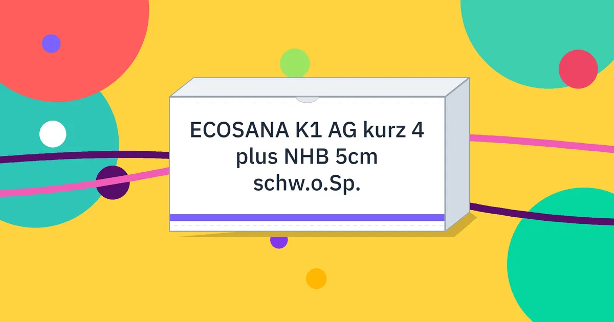 Symbolbild: Packung mit der Aufschrift ECOSANA K1 AG kurz 4 plus NHB 5cm schw.o.Sp. (PZN 04728141) – Verfügbarkeit und Bezug in Apotheken in Frankfurt am Main