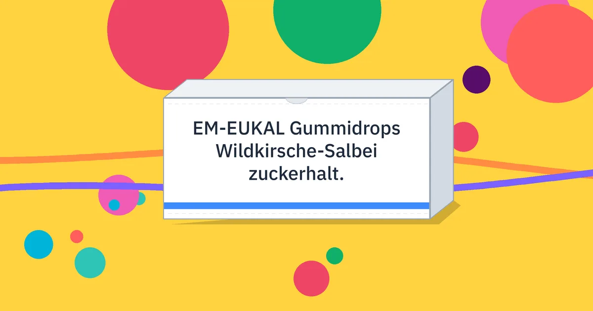 Symbolbild: Packung mit der Aufschrift EM-EUKAL Gummidrops Wildkirsche-Salbei zuckerhalt. (PZN 11112788) – Verfügbarkeit und Bezug in Apotheken in Frankfurt am Main