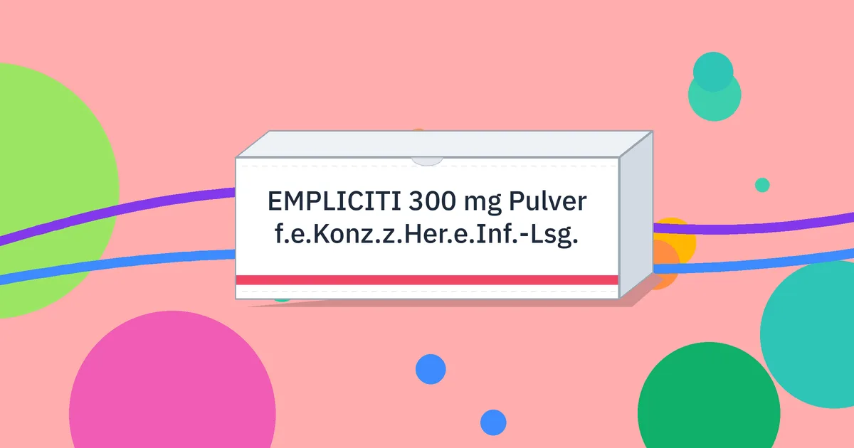 Symbolbild: Packung mit der Aufschrift EMPLICITI 300 mg Pulver f.e.Konz.z.Her.e.Inf.-Lsg. (PZN 11617399) – Verfügbarkeit und Bezug in Apotheken in Frankfurt am Main