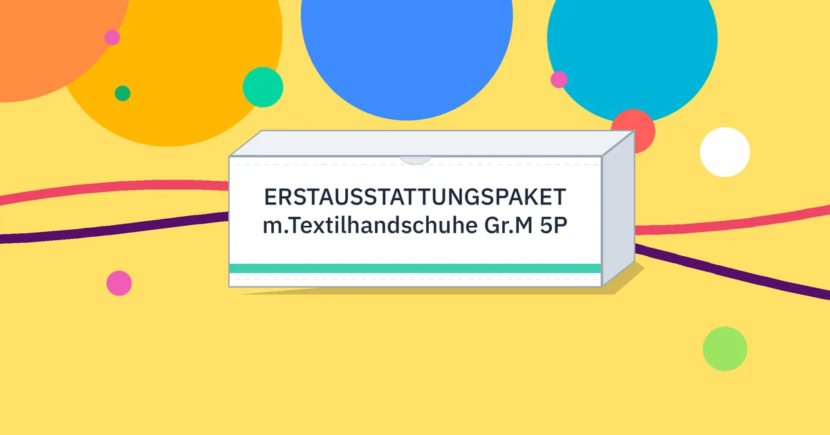 Symbolbild: Packung mit der Aufschrift ERSTAUSSTATTUNGSPAKET m.Textilhandschuhe Gr.M 5P (PZN 19628586) – Verfügbarkeit und Bezug in Apotheken in Frankfurt am Main
