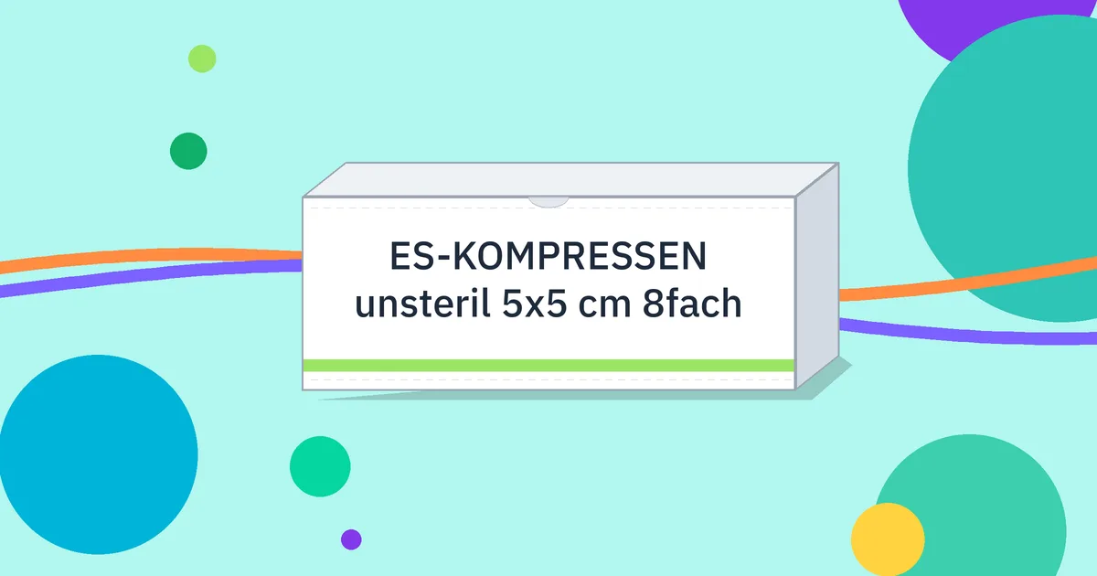 Symbolbild: Packung mit der Aufschrift ES-KOMPRESSEN unsteril 5x5 cm 8fach (PZN 18715627) – Verfügbarkeit und Bezug in Apotheken in Frankfurt am Main