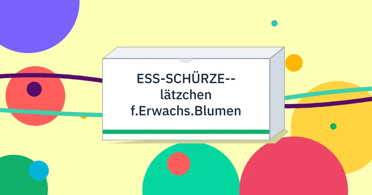 Symbolbild: Packung mit der Aufschrift ESS-SCHÜRZE--lätzchen f.Erwachs.Blumen (PZN 09091145) – Verfügbarkeit und Bezug in Apotheken in Frankfurt am Main