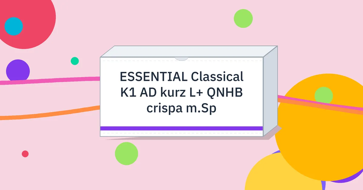 Symbolbild: Packung mit der Aufschrift ESSENTIAL Classical K1 AD kurz L+ QNHB crispa m.Sp (PZN 18867076) – Verfügbarkeit und Bezug in Apotheken in Frankfurt am Main