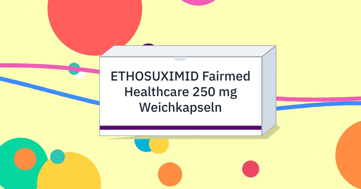 Symbolbild: Packung mit der Aufschrift ETHOSUXIMID Fairmed Healthcare 250 mg Weichkapseln (PZN 16564271) – Verfügbarkeit und Bezug in Apotheken in Frankfurt am Main