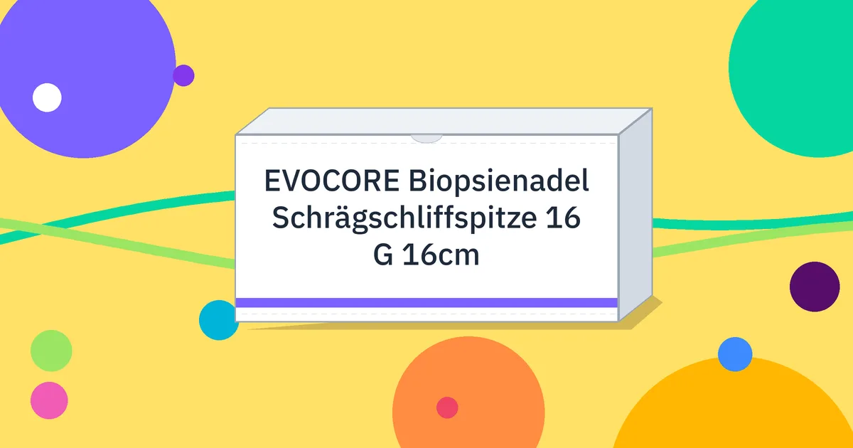 Symbolbild: Packung mit der Aufschrift EVOCORE Biopsienadel Schrägschliffspitze 16 G 16cm (PZN 11655230) – Verfügbarkeit und Bezug in Apotheken in Frankfurt am Main