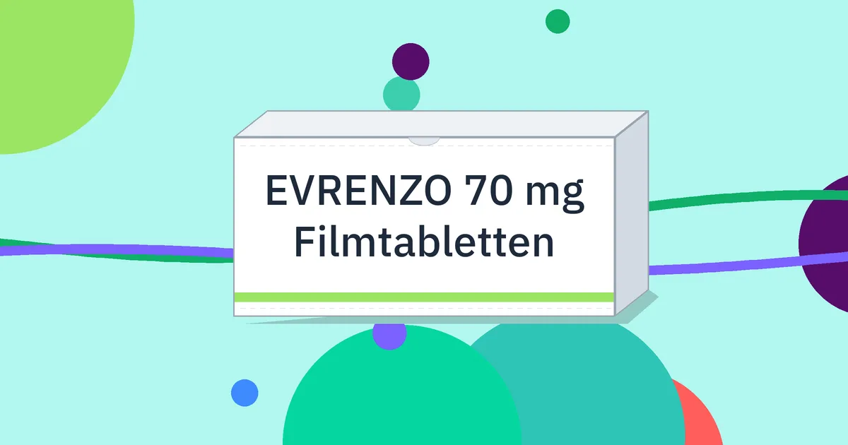 Symbolbild: Packung mit der Aufschrift EVRENZO 70 mg Filmtabletten (PZN 18775641) – Verfügbarkeit und Bezug in Apotheken in Frankfurt am Main