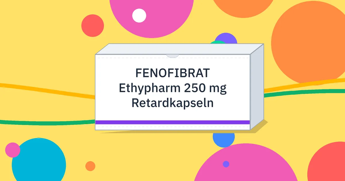 Symbolbild: Packung mit der Aufschrift FENOFIBRAT Ethypharm 250 mg Retardkapseln (PZN 13819345) – Verfügbarkeit und Bezug in Apotheken in Frankfurt am Main