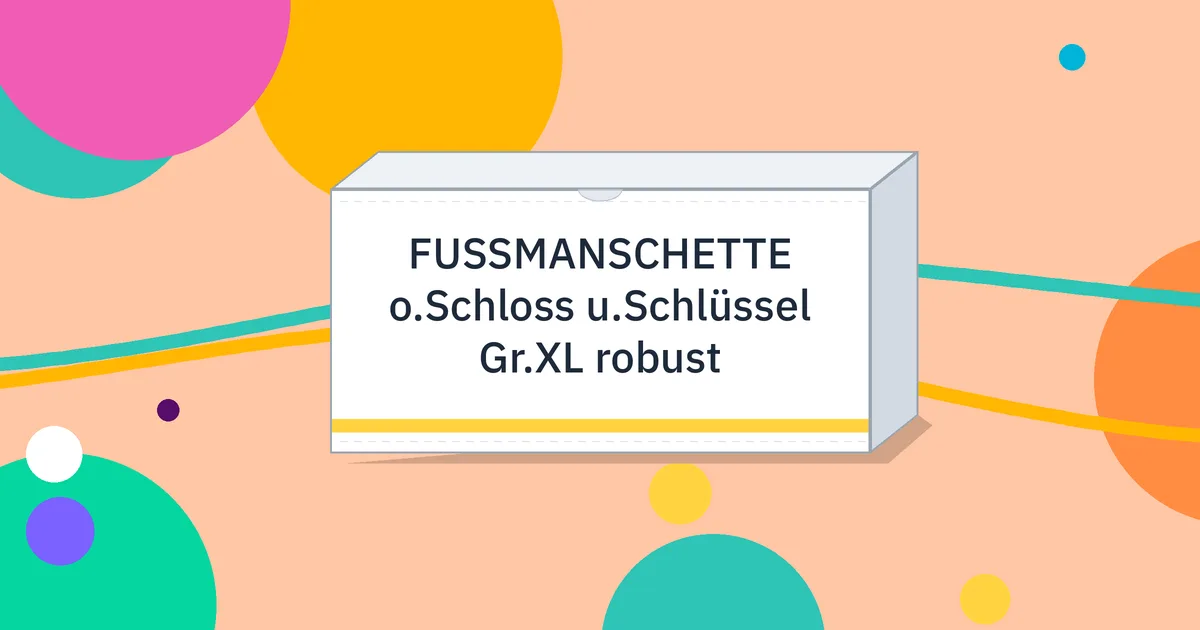 Symbolbild: Packung mit der Aufschrift FUSSMANSCHETTE o.Schloss u.Schlüssel Gr.XL robust (PZN 14297699) – Verfügbarkeit und Bezug in Apotheken in Frankfurt am Main