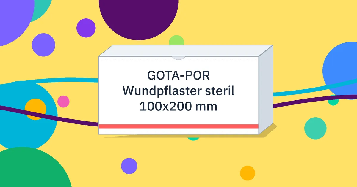 Symbolbild: Packung mit der Aufschrift GOTA-POR Wundpflaster steril 100x200 mm (PZN 04473675) – Verfügbarkeit und Bezug in Apotheken in Frankfurt am Main