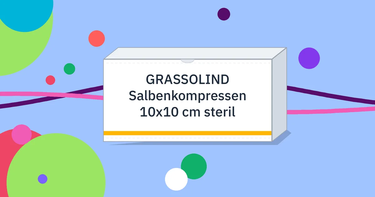 Symbolbild: Packung mit der Aufschrift GRASSOLIND Salbenkompressen 10x10 cm steril (PZN 12594111) – Verfügbarkeit und Bezug in Apotheken in Frankfurt am Main