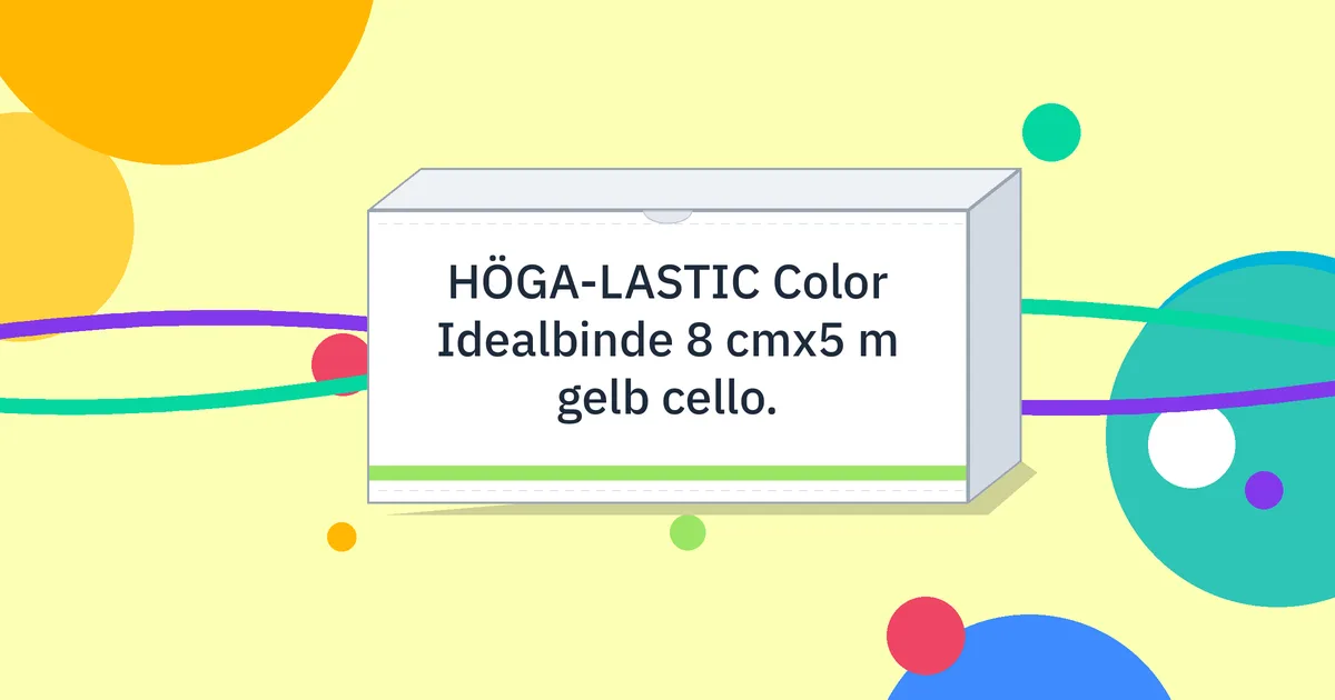 Symbolbild: Packung mit der Aufschrift HÖGA-LASTIC Color Idealbinde 8 cmx5 m gelb cello. (PZN 10917892) – Verfügbarkeit und Bezug in Apotheken in Frankfurt am Main