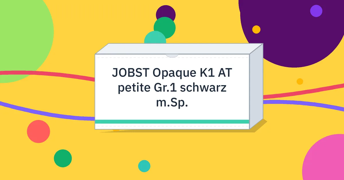 Symbolbild: Packung mit der Aufschrift JOBST Opaque K1 AT petite Gr.1 schwarz m.Sp. (PZN 13103813) – Verfügbarkeit und Bezug in Apotheken in Frankfurt am Main