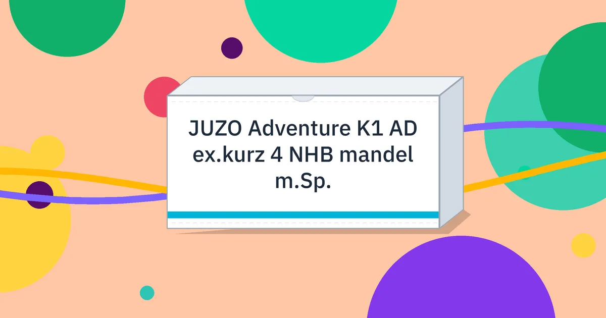 Symbolbild: Packung mit der Aufschrift JUZO Adventure K1 AD ex.kurz 4 NHB mandel m.Sp. (PZN 14975627) – Verfügbarkeit und Bezug in Apotheken in Frankfurt am Main