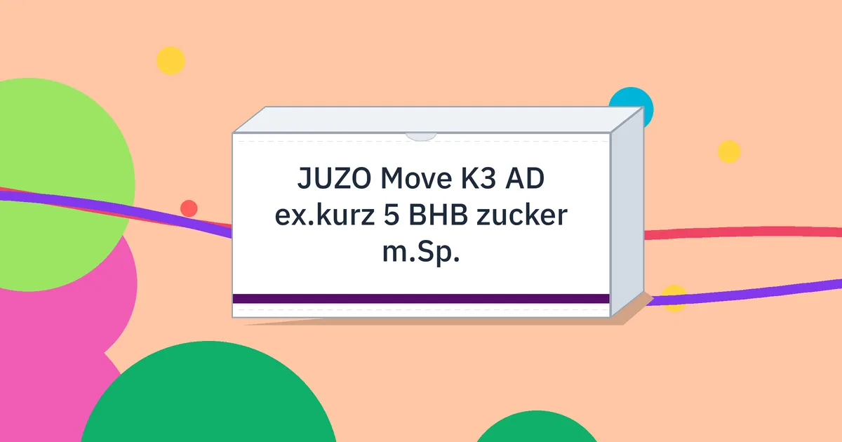 Symbolbild: Packung mit der Aufschrift JUZO Move K3 AD ex.kurz 5 BHB zucker m.Sp. (PZN 18569640) – Verfügbarkeit und Bezug in Apotheken in Frankfurt am Main