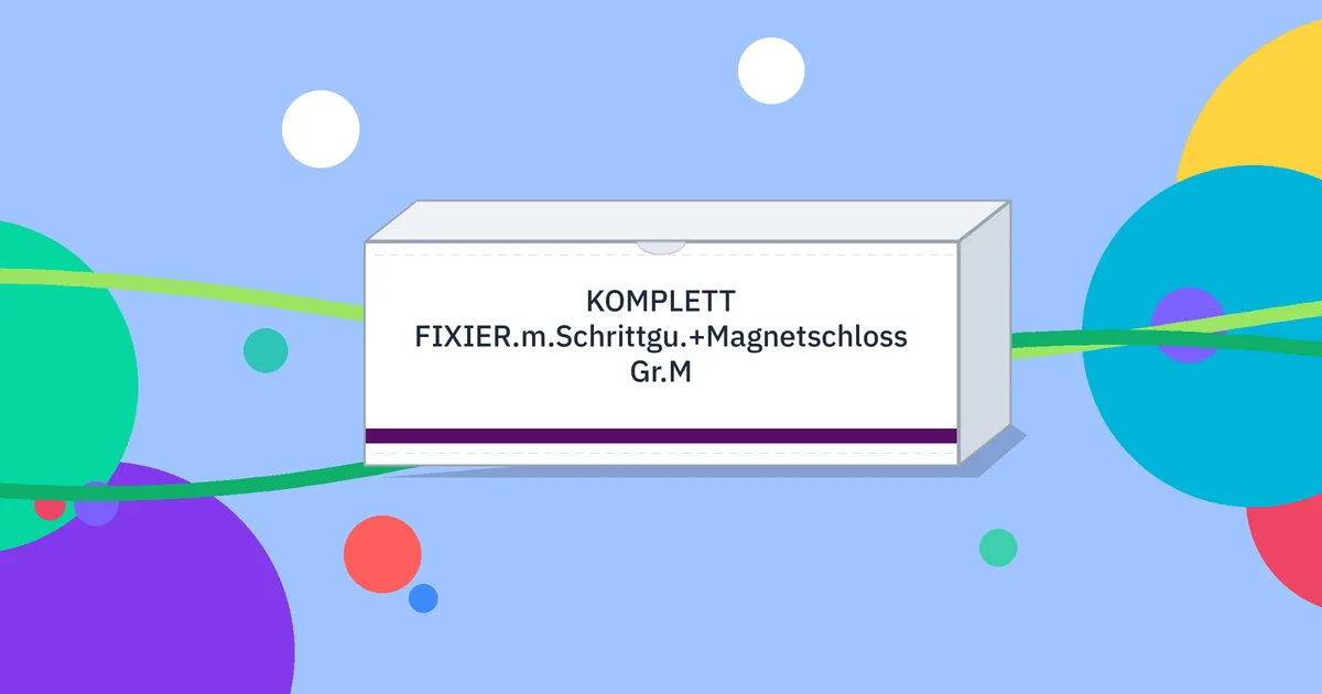 Symbolbild: Packung mit der Aufschrift KOMPLETT FIXIER.m.Schrittgu.+Magnetschloss Gr.M (PZN 11572952) – Verfügbarkeit und Bezug in Apotheken in Frankfurt am Main