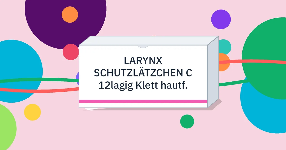 Symbolbild: Packung mit der Aufschrift LARYNX SCHUTZLÄTZCHEN C 12lagig Klett hautf. (PZN 00140445) – Verfügbarkeit und Bezug in Apotheken in Frankfurt am Main
