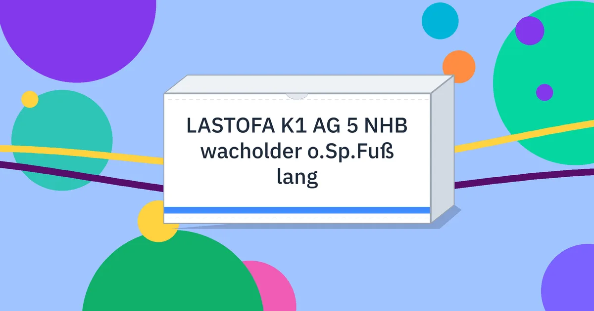 Symbolbild: Packung mit der Aufschrift LASTOFA K1 AG 5 NHB wacholder o.Sp.Fuß lang (PZN 14148746) – Verfügbarkeit und Bezug in Apotheken in Frankfurt am Main