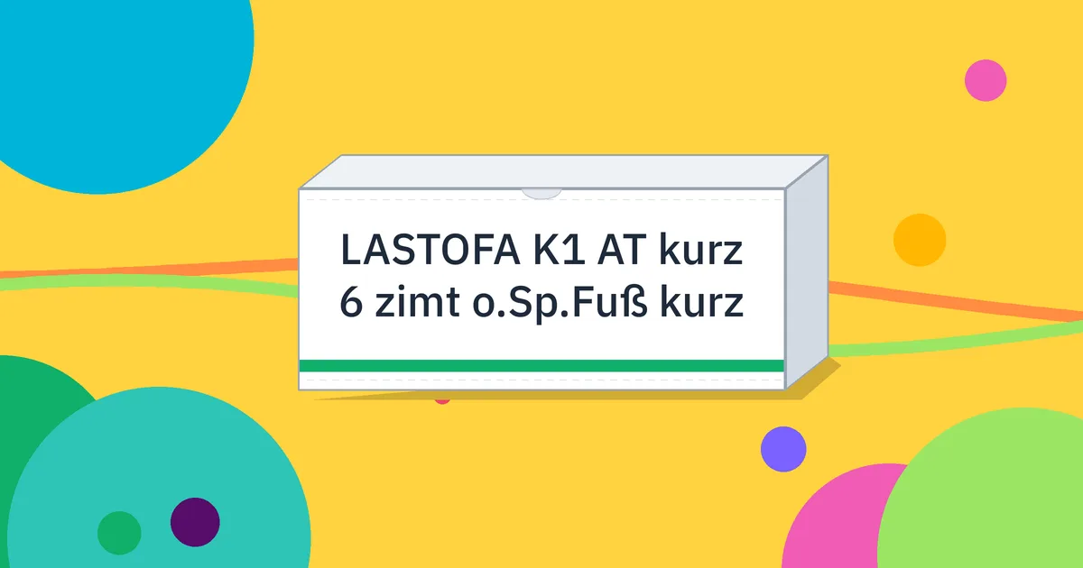 Symbolbild: Packung mit der Aufschrift LASTOFA K1 AT kurz 6 zimt o.Sp.Fuß kurz (PZN 13796957) – Verfügbarkeit und Bezug in Apotheken in Frankfurt am Main