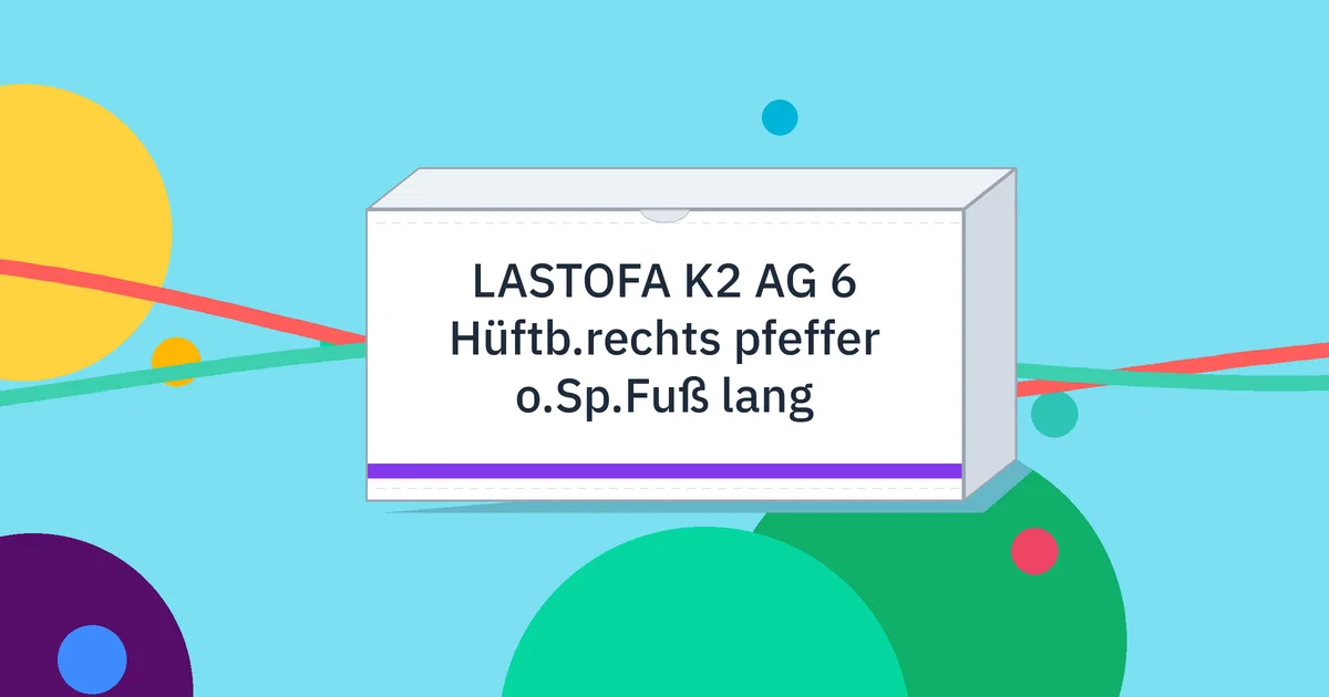 Symbolbild: Packung mit der Aufschrift LASTOFA K2 AG 6 Hüftb.rechts pfeffer o.Sp.Fuß lang (PZN 14152742) – Verfügbarkeit und Bezug in Apotheken in Frankfurt am Main