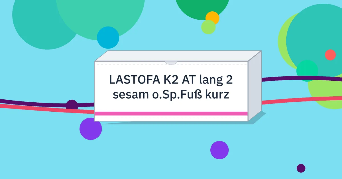 Symbolbild: Packung mit der Aufschrift LASTOFA K2 AT lang 2 sesam o.Sp.Fuß kurz (PZN 13808749) – Verfügbarkeit und Bezug in Apotheken in Frankfurt am Main
