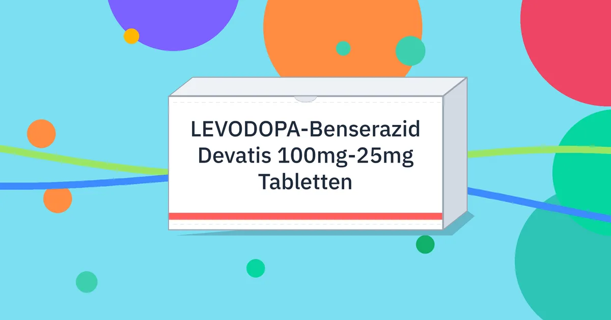 Symbolbild: Packung mit der Aufschrift LEVODOPA-Benserazid Devatis 100mg-25mg Tabletten (PZN 16856826) – Verfügbarkeit und Bezug in Apotheken in Frankfurt am Main