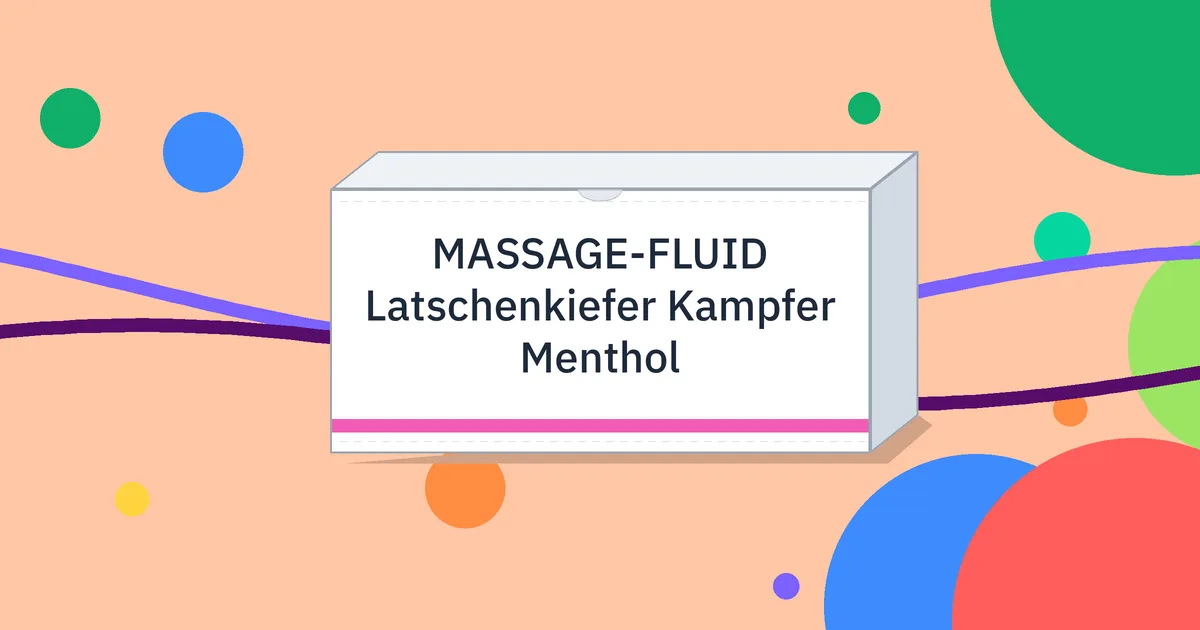 Symbolbild: Packung mit der Aufschrift MASSAGE-FLUID Latschenkiefer Kampfer Menthol (PZN 11067958) – Verfügbarkeit und Bezug in Apotheken in Frankfurt am Main