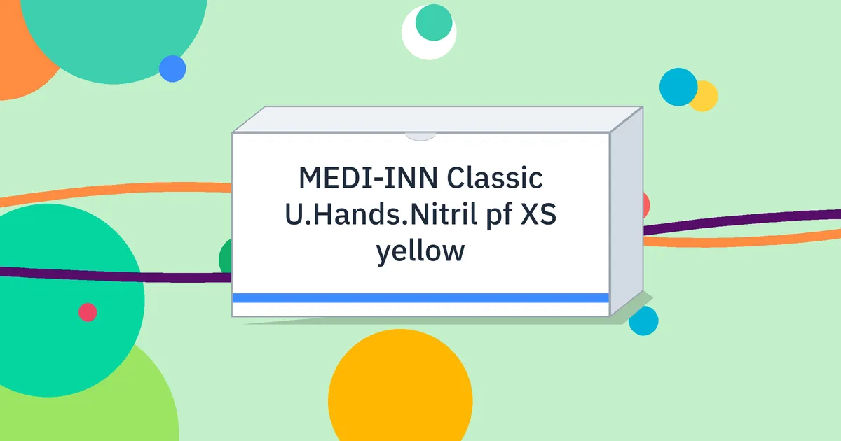 Symbolbild: Packung mit der Aufschrift MEDI-INN Classic U.Hands.Nitril pf XS yellow (PZN 18445441) – Verfügbarkeit und Bezug in Apotheken in Frankfurt am Main