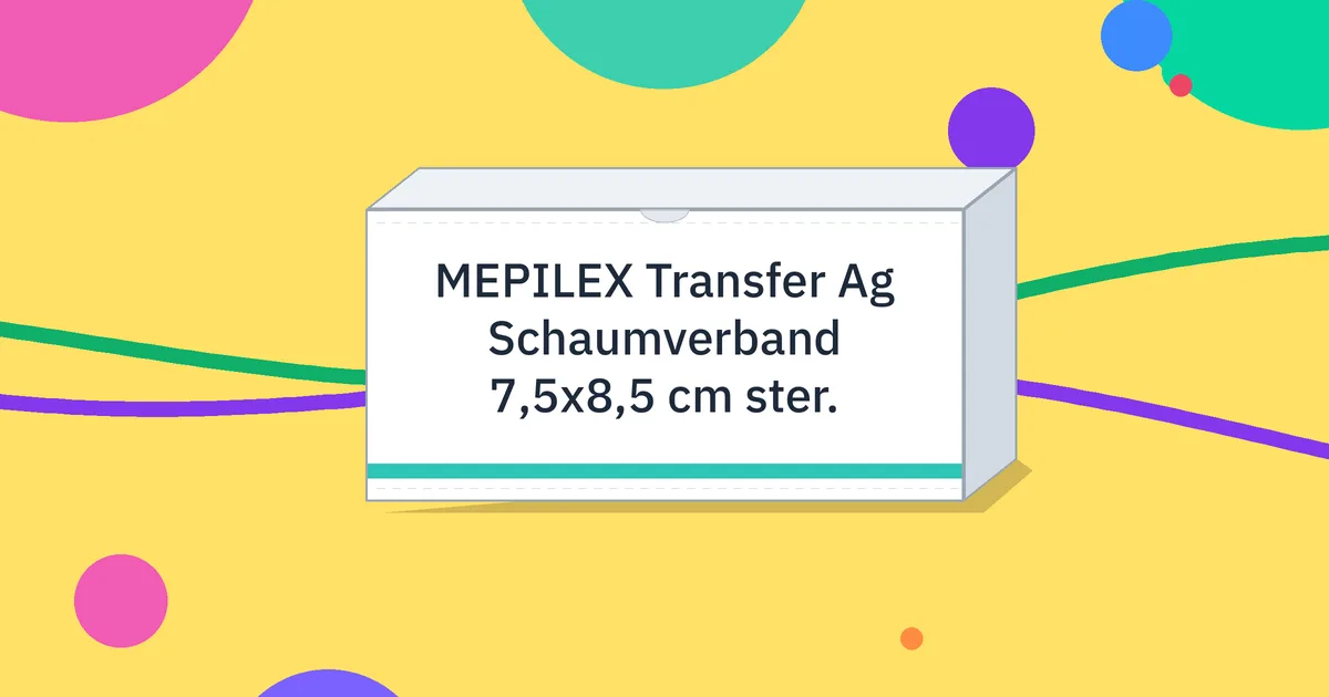 Symbolbild: Packung mit der Aufschrift MEPILEX Transfer Ag Schaumverband 7,5x8,5 cm ster. (PZN 09542777) – Verfügbarkeit und Bezug in Apotheken in Frankfurt am Main