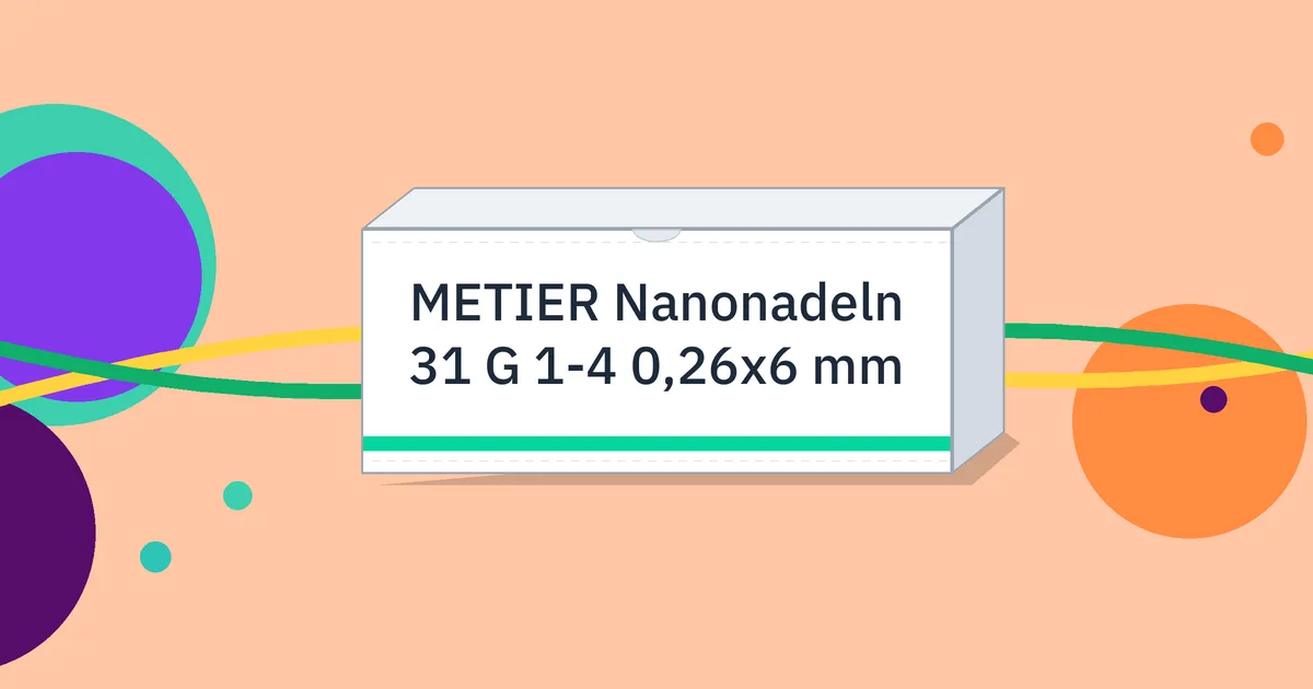 Symbolbild: Packung mit der Aufschrift METIER Nanonadeln 31 G 1-4 0,26x6 mm (PZN 18788968) – Verfügbarkeit und Bezug in Apotheken in Frankfurt am Main