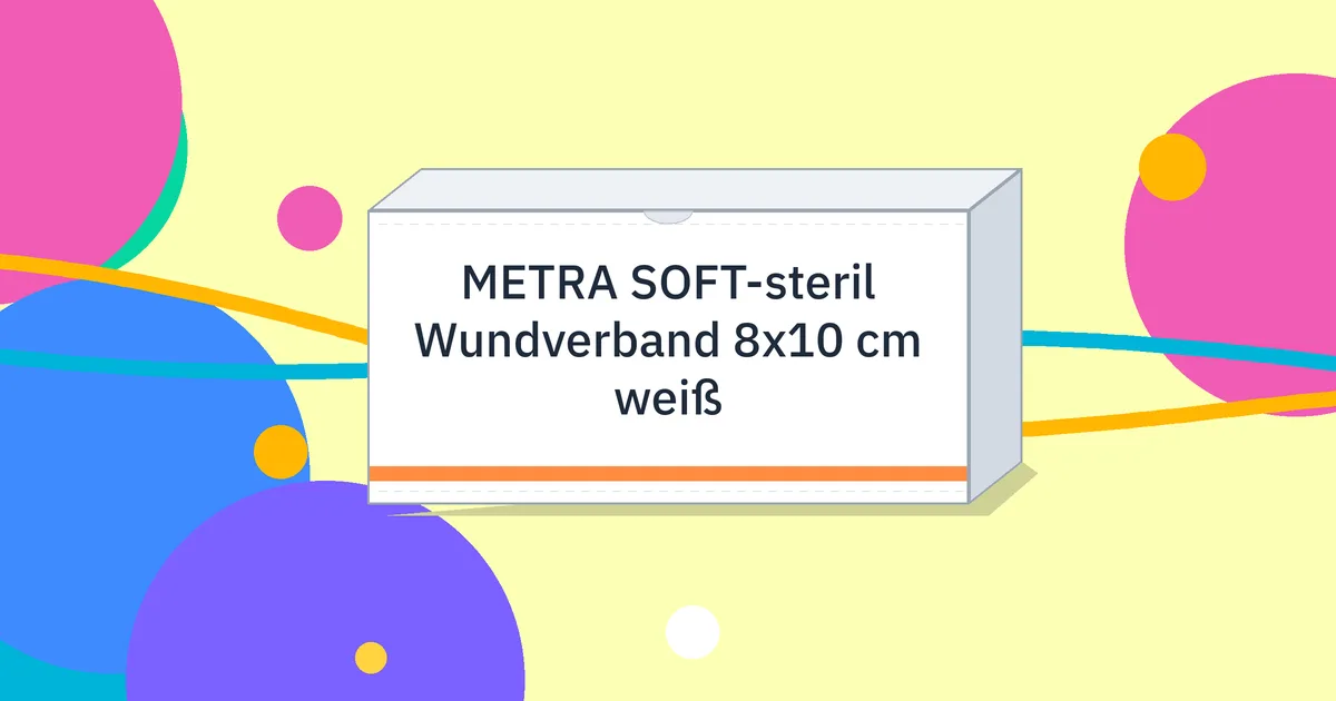 Symbolbild: Packung mit der Aufschrift METRA SOFT-steril Wundverband 8x10 cm weiß (PZN 07772728) – Verfügbarkeit und Bezug in Apotheken in Frankfurt am Main