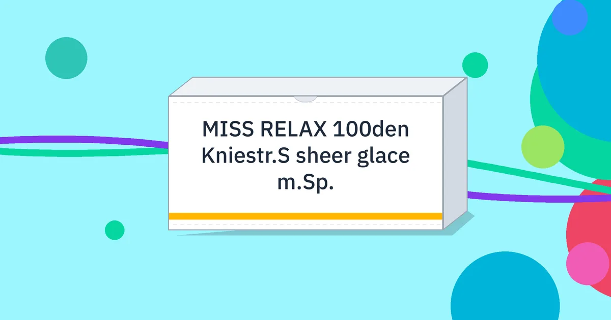 Symbolbild: Packung mit der Aufschrift MISS RELAX 100den Kniestr.S sheer glace m.Sp. (PZN 04263682) – Verfügbarkeit und Bezug in Apotheken in Frankfurt am Main