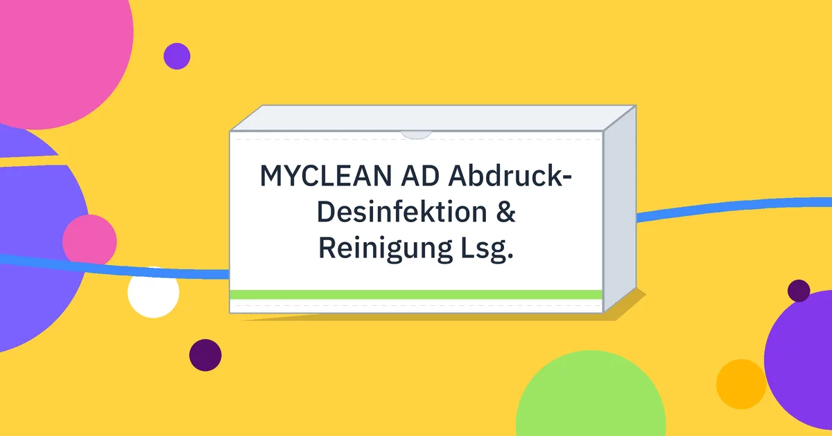 Symbolbild: Packung mit der Aufschrift MYCLEAN AD Abdruck-Desinfektion & Reinigung Lsg. (PZN 20632044) – Verfügbarkeit und Bezug in Apotheken in Frankfurt am Main